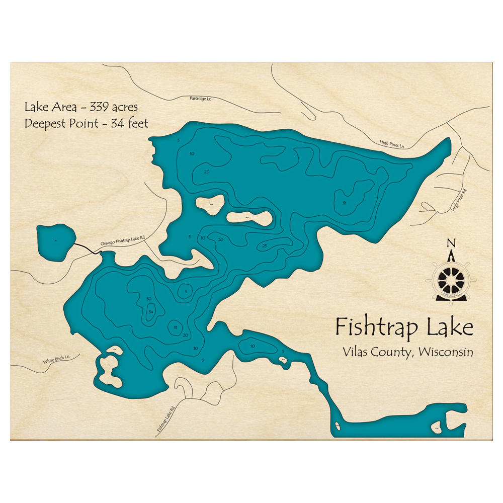 Fishtrap Lake, Wisconsin 3D Custom Wood Map – Lake Art LLC