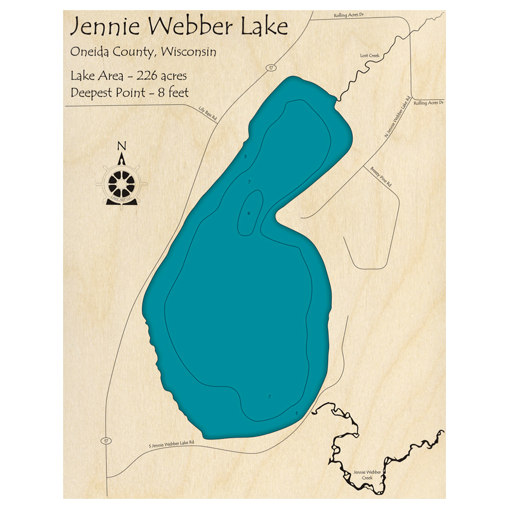 Jennie Webber Lake, Wisconsin 3D Custom Wood Map – Lake Art LLC