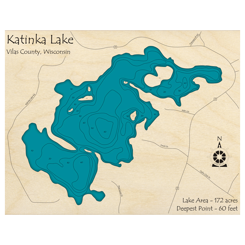 Katinka Lake, Wisconsin 3D Custom Wood Map – Lake Art LLC