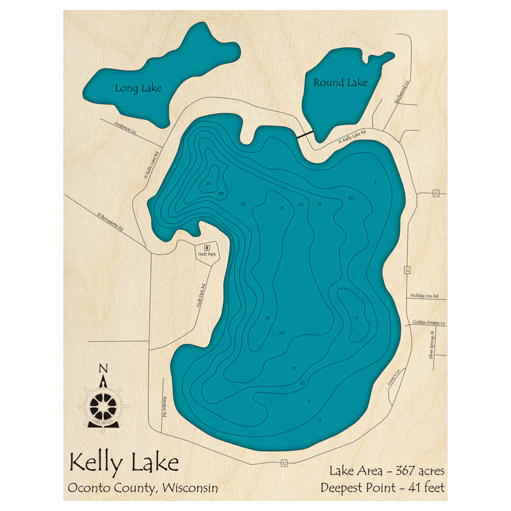 Kelly Lake, Wisconsin 3D Custom Wood Map – Lake Art LLC
