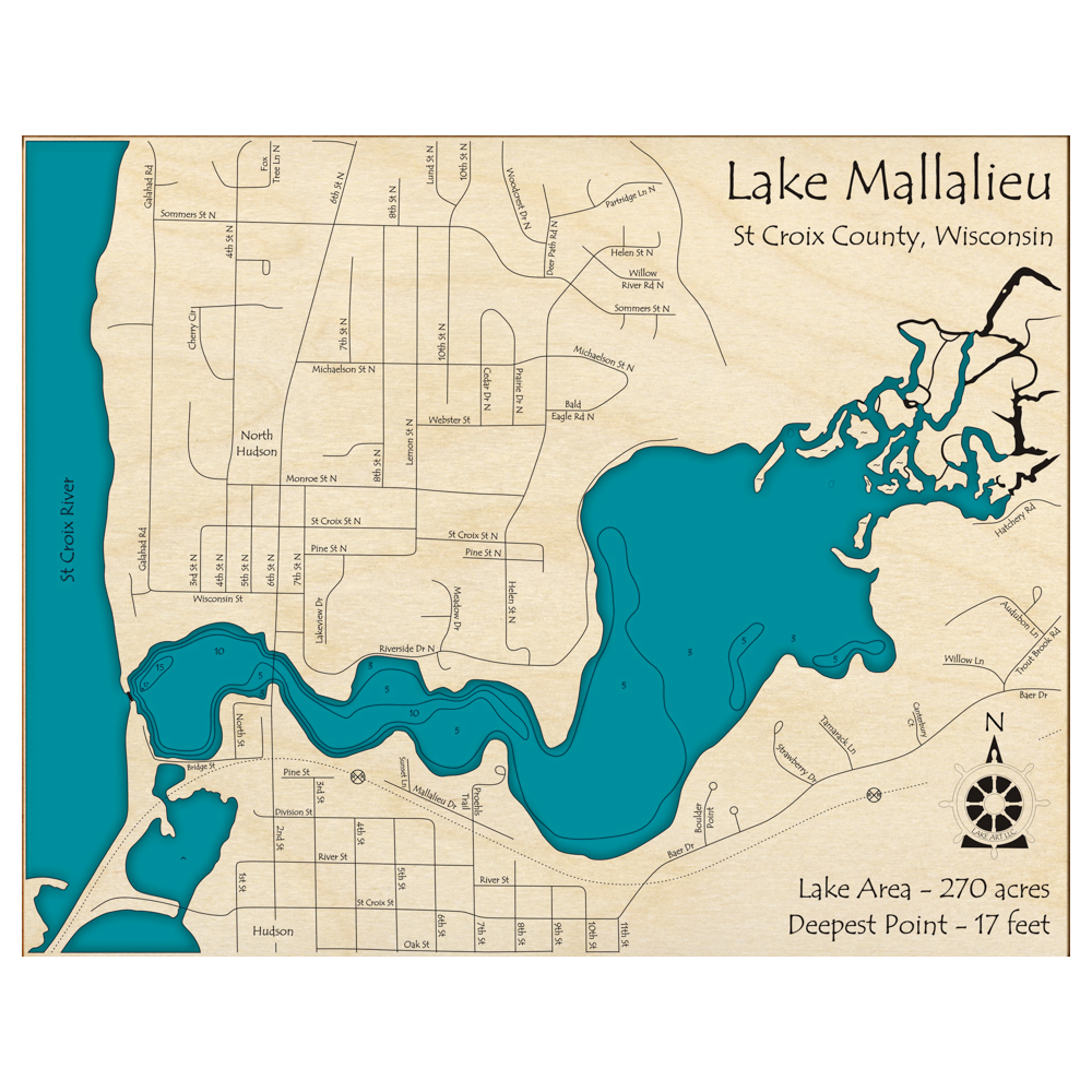 Lake Mallalieu, Wisconsin 3D Custom Wood Map – Lake Art LLC