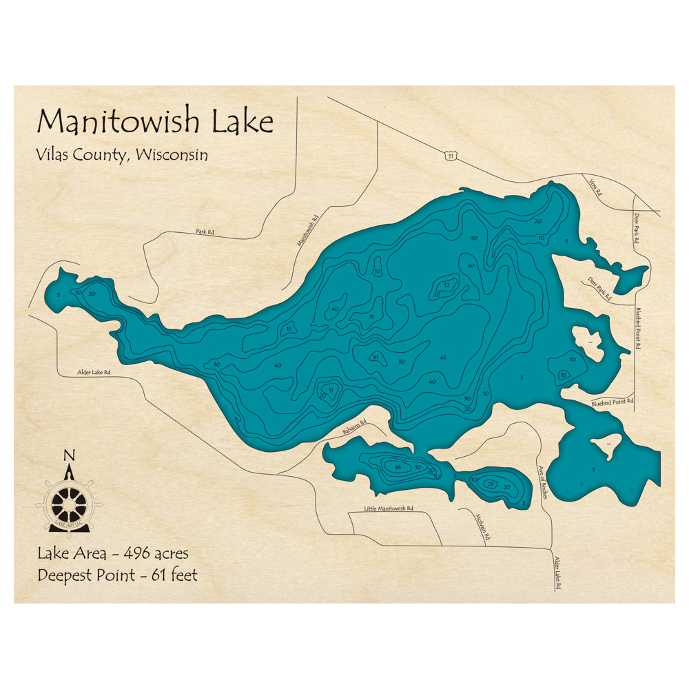 Manitowish Lake, Wisconsin 3D Custom Wood Map – Lake Art LLC