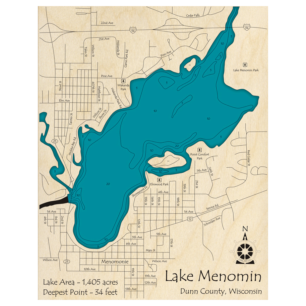 Lake Menomin, Wisconsin 3D Custom Wood Map – Lake Art LLC