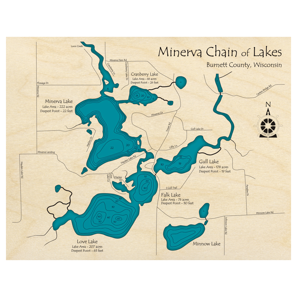 Minerva Chain of Lakes, Wisconsin 3D Custom Wood Map – Lake Art LLC