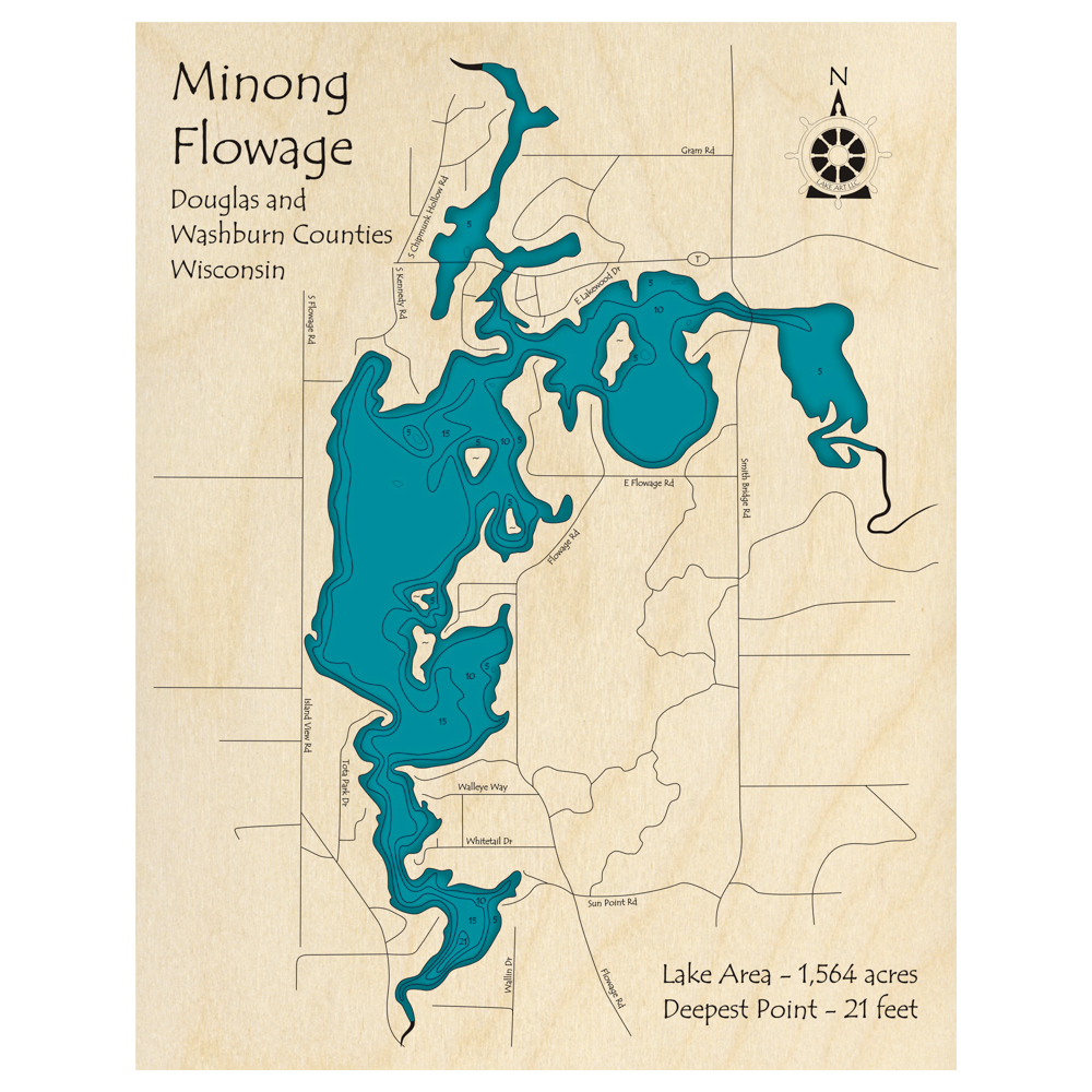 Minong Flowage, Wisconsin 3D Custom Wood Map – Lake Art LLC