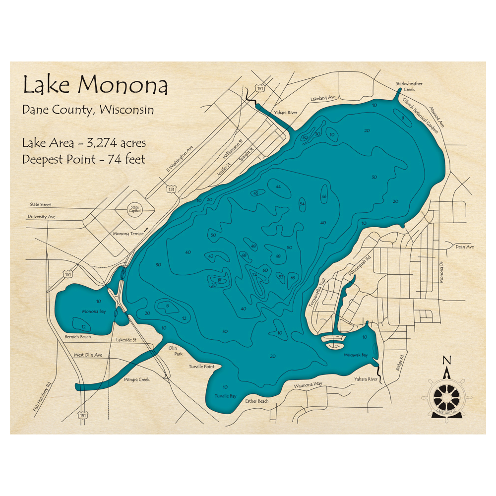 Lake Monona, Wisconsin 3D Custom Wood Map – Lake Art LLC