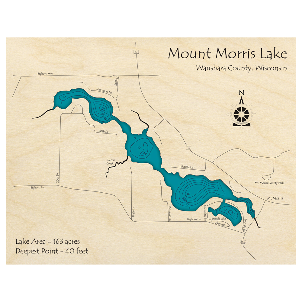 Mount Morris Lake, Wisconsin 3D Custom Wood Map – Lake Art LLC
