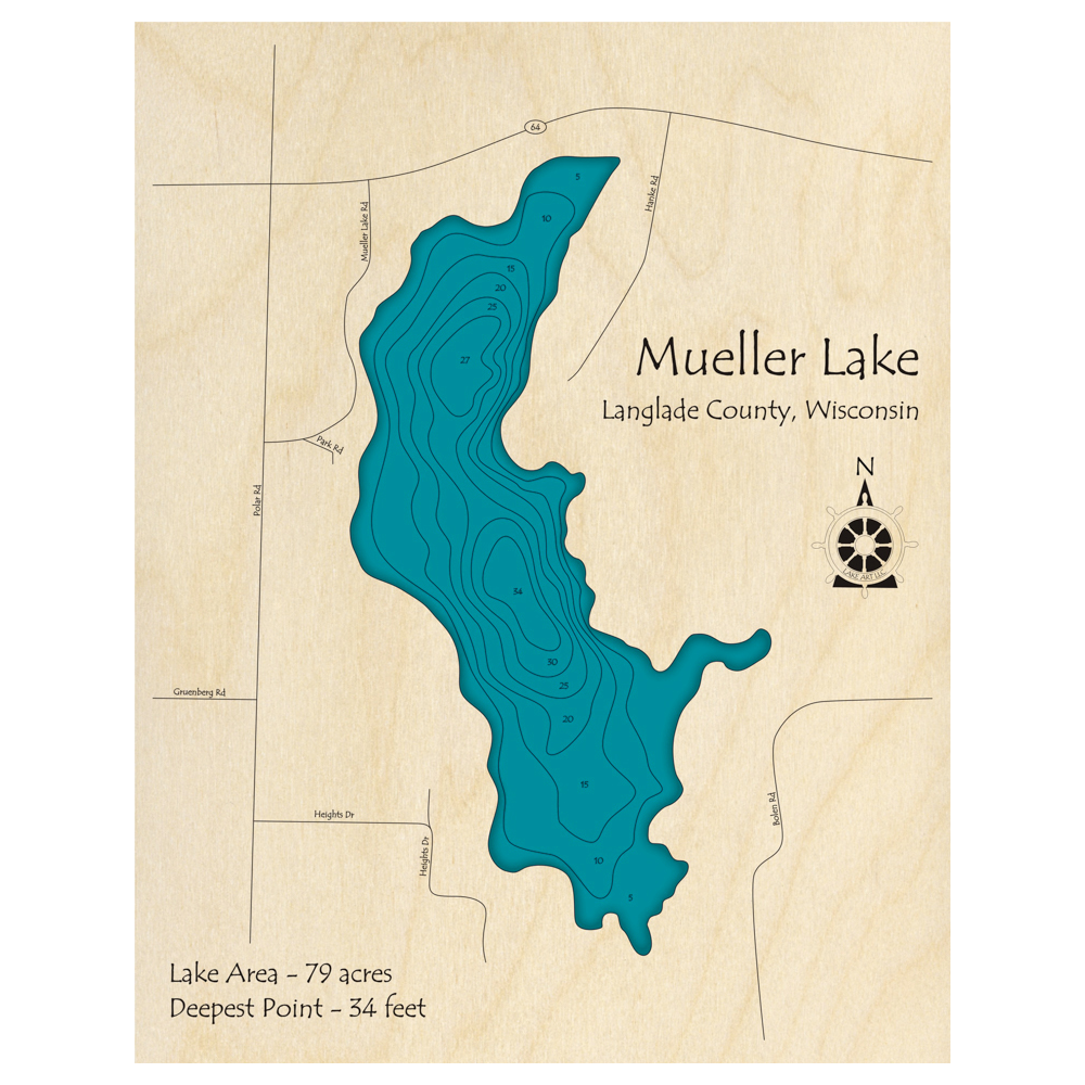 Mueller Lake, Wisconsin 3D Custom Wood Map – Lake Art LLC