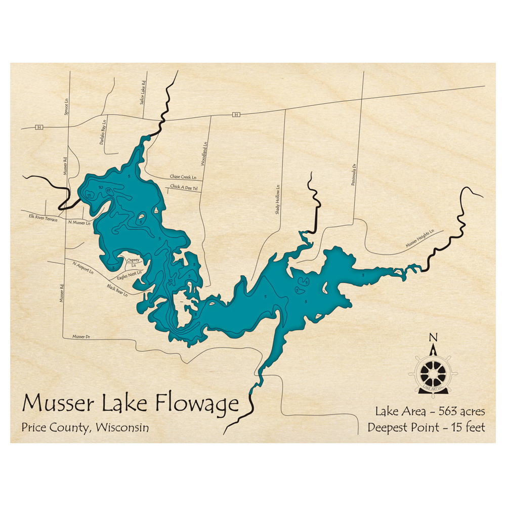 Musser Lake Flowage, Wisconsin 3D Custom Wood Map – Lake Art LLC