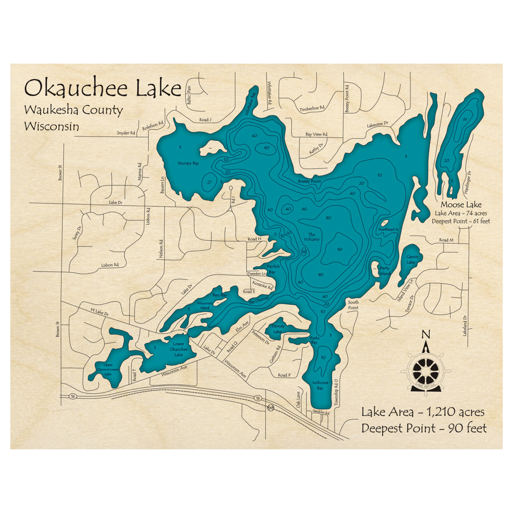 Okauchee Lake, Wisconsin 3D Custom Wood Map – Lake Art LLC