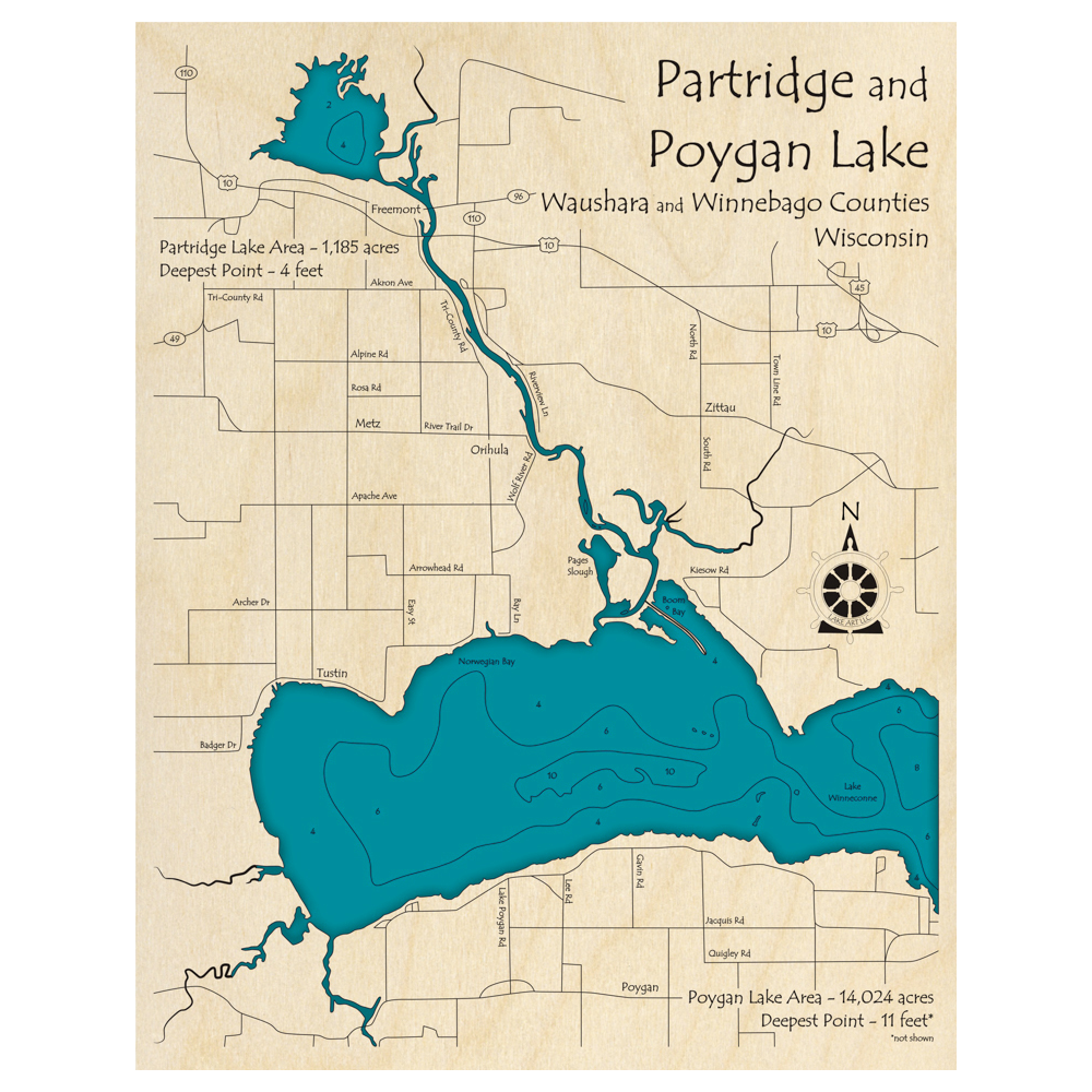Lake Poygan, Wisconsin 3D Custom Wood Map – Lake Art LLC