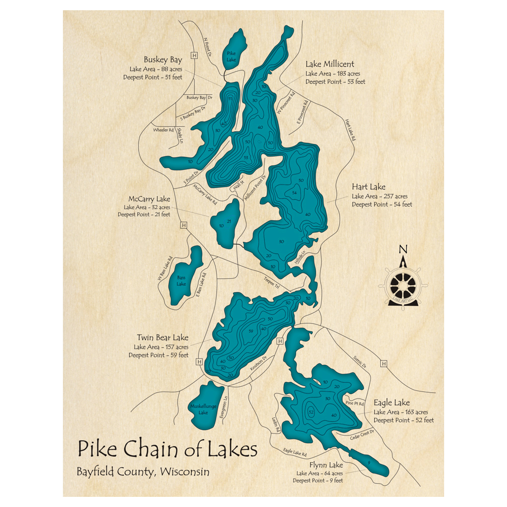 Pike Chain of Lakes, Wisconsin 3D Custom Wood Map – Lake Art LLC