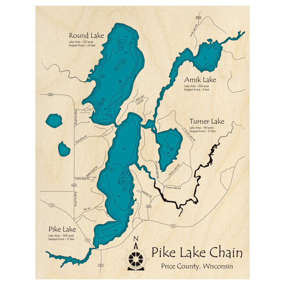 Pike Lake Chain, Wisconsin 3D Custom Wood Map – Lake Art LLC