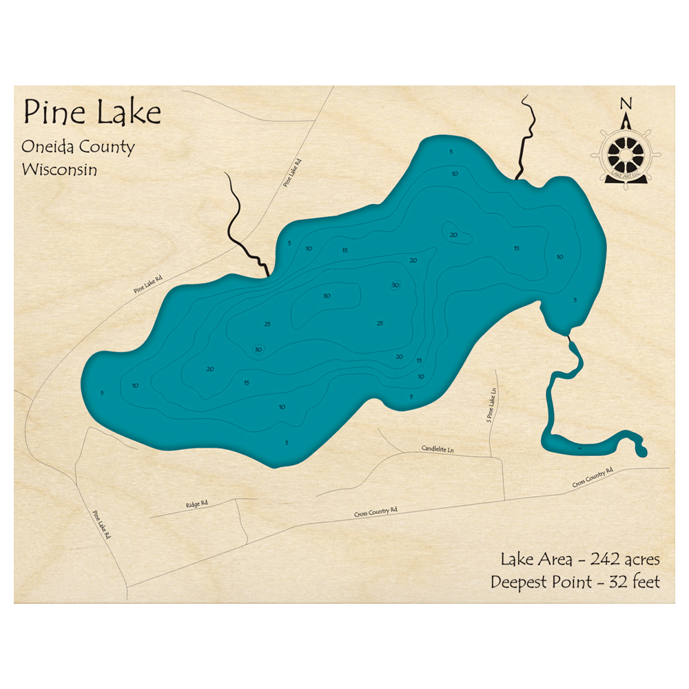 Pine Lake, Wisconsin 3D Custom Wood Map – Lake Art LLC