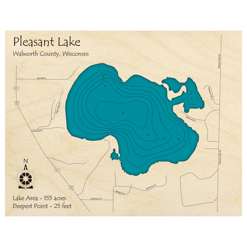 Pleasant Lake, Wisconsin 3D Custom Wood Map – Lake Art LLC