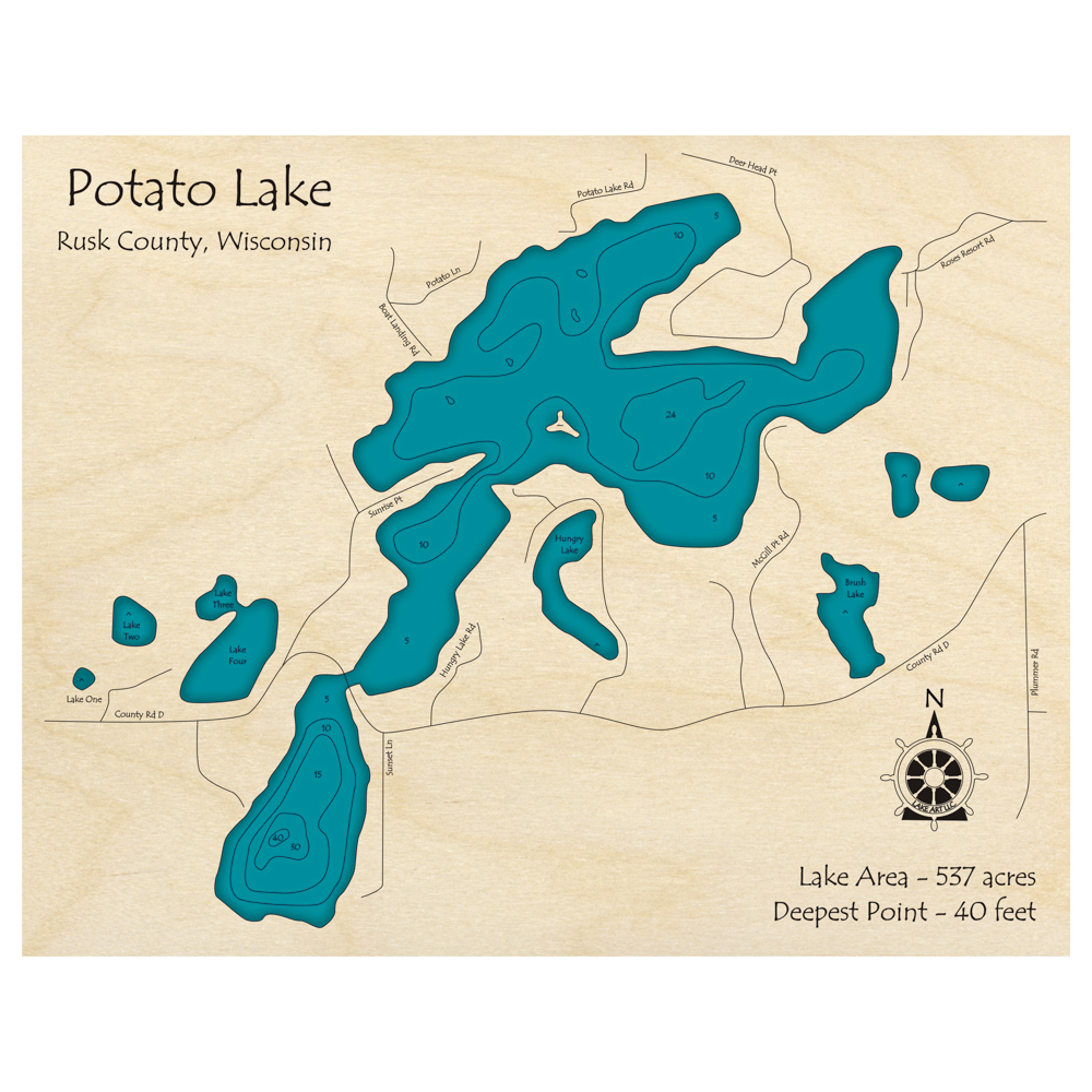 Potato Lake, Wisconsin 3D Custom Wood Map – Lake Art LLC