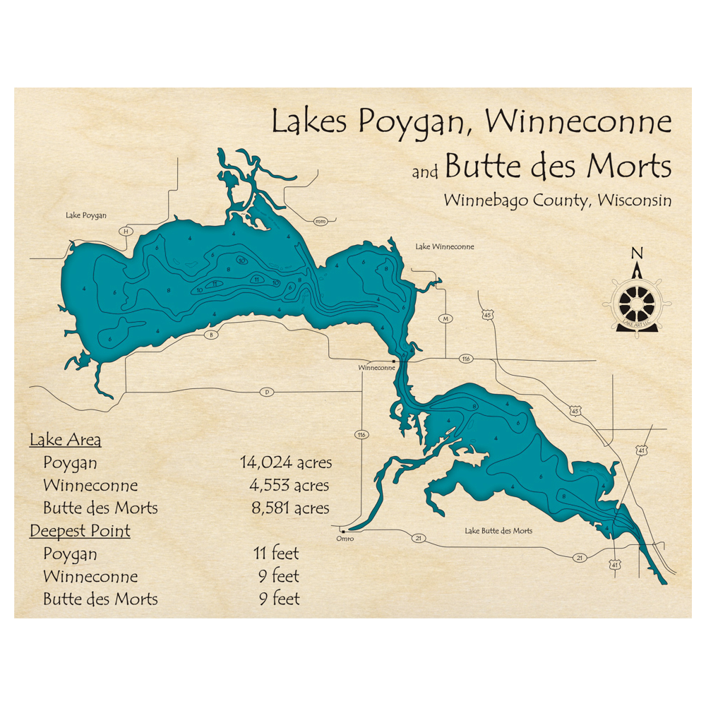 Lake Poygan, Wisconsin 3D Custom Wood Map – Lake Art LLC