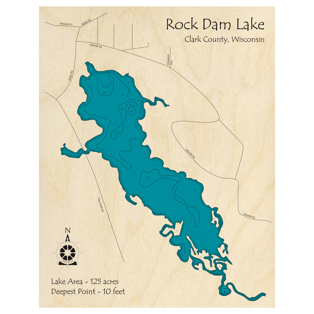 Rock Dam Lake, Wisconsin 3D Custom Wood Map – Lake Art LLC
