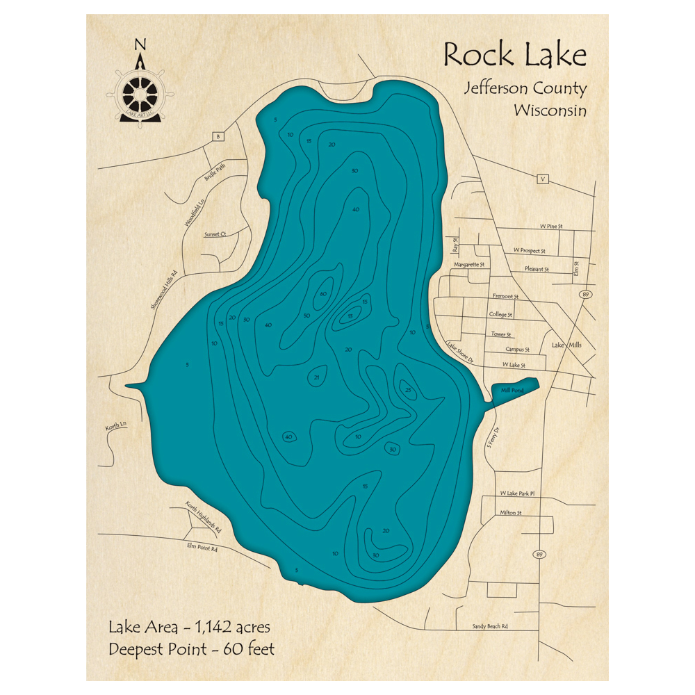 Rock Lake, Wisconsin 3D Custom Wood Map – Lake Art LLC