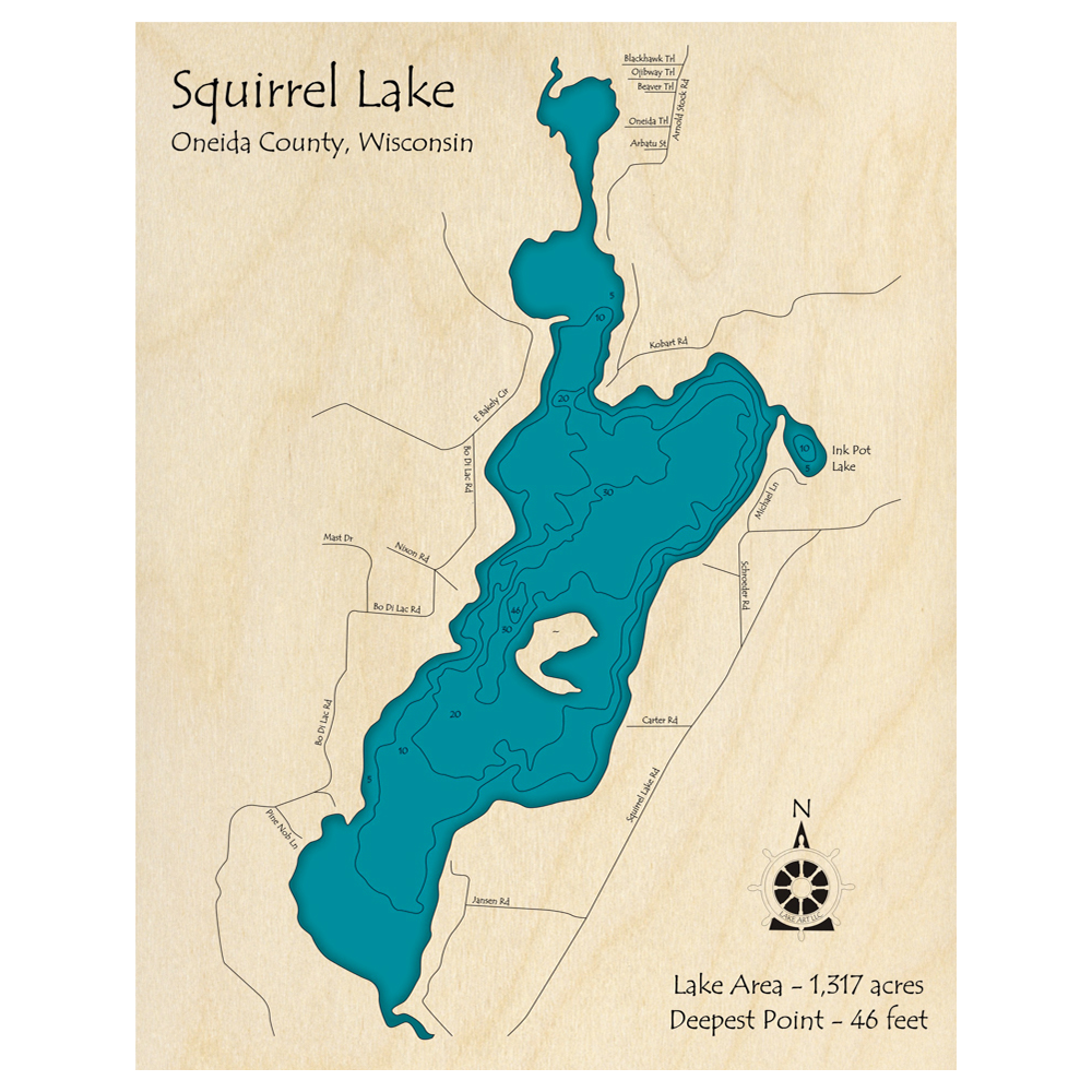 Squirrel Lake, Wisconsin 3D Custom Wood Map – Lake Art LLC
