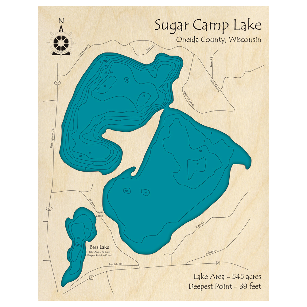 Sugar Camp Lake, Wisconsin 3D Custom Wood Map – Lake Art LLC