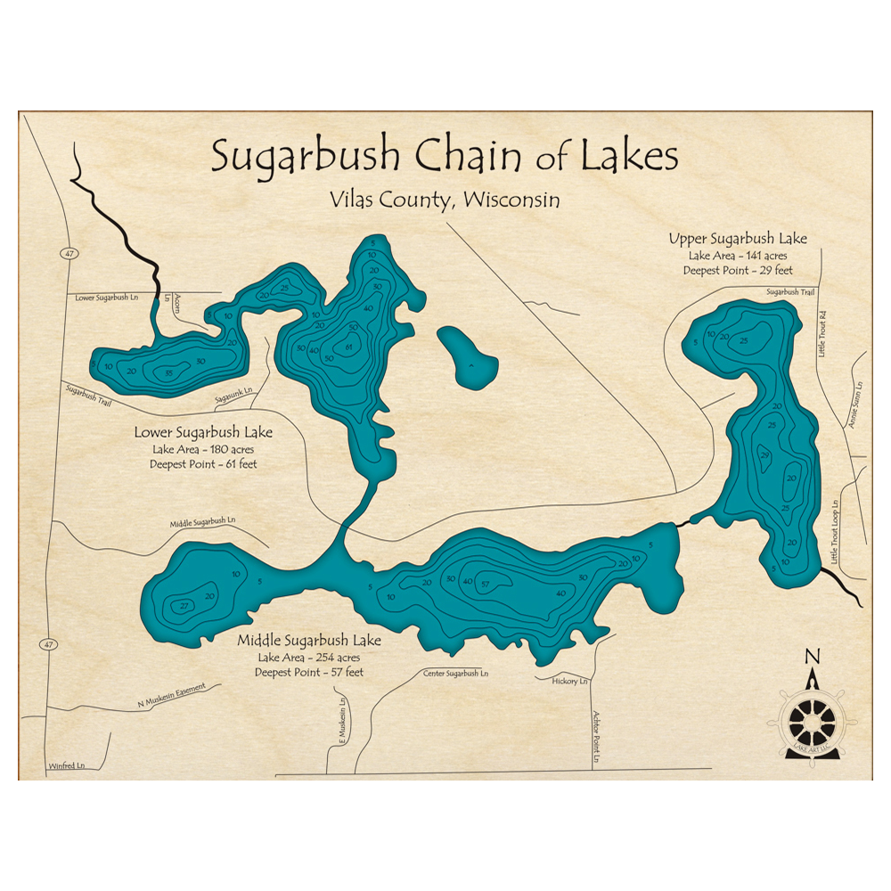 Sugarbush Chain of Lakes, Wisconsin 3D Custom Wood Map – Lake Art LLC