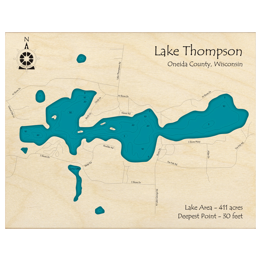Lake Thompson, Wisconsin 3D Custom Wood Map – Lake Art LLC