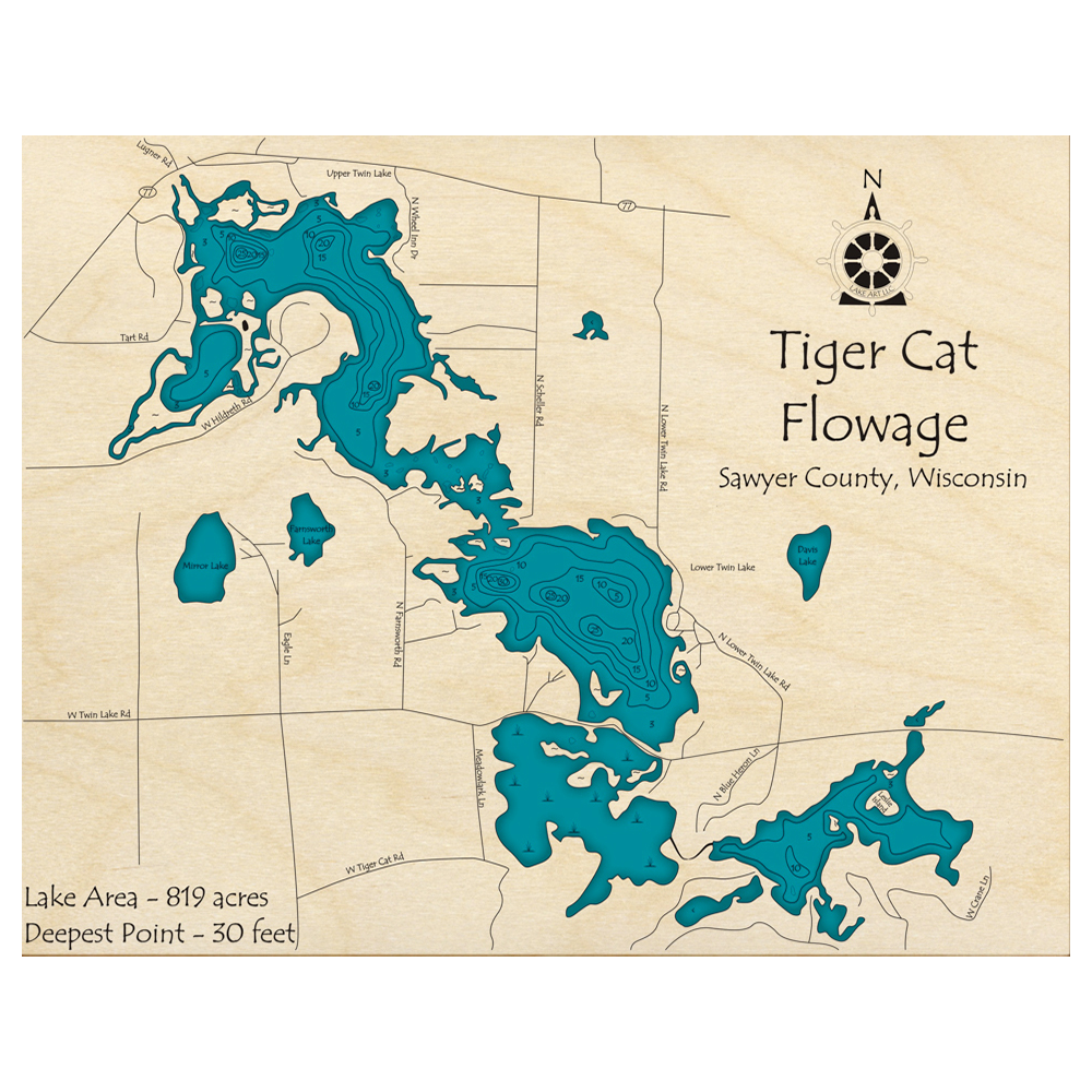 Tiger Cat Flowage, Wisconsin 3D Custom Wood Map – Lake Art LLC