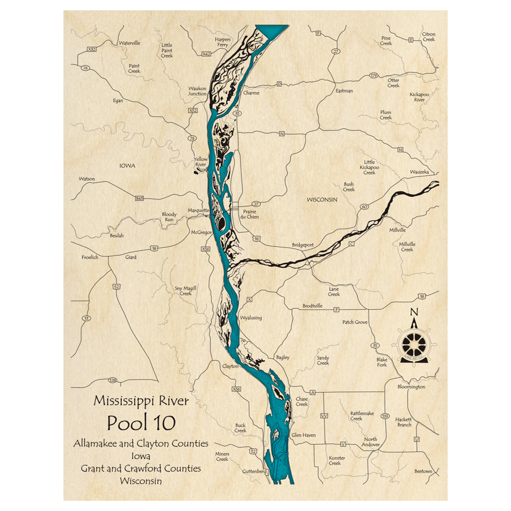 Mississippi River Pool 10 (WI, IA) 3D Custom Wood Map – Lake Art LLC
