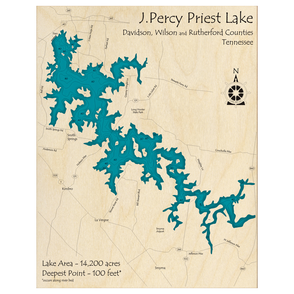 J Percy Priest Lake, 3D Custom Wood Map – Lake Art LLC