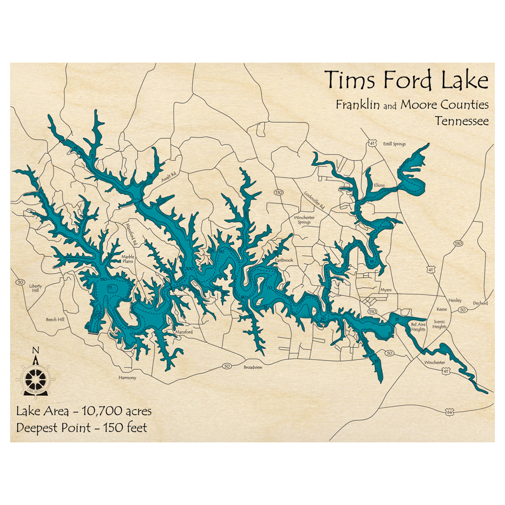Tims Ford Lake, 3D Custom Wood Map – Lake Art LLC
