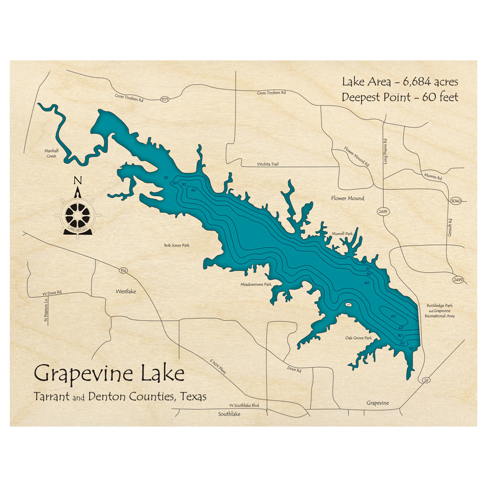 Grapevine Lake, 3D Custom Wood Map – Lake Art LLC