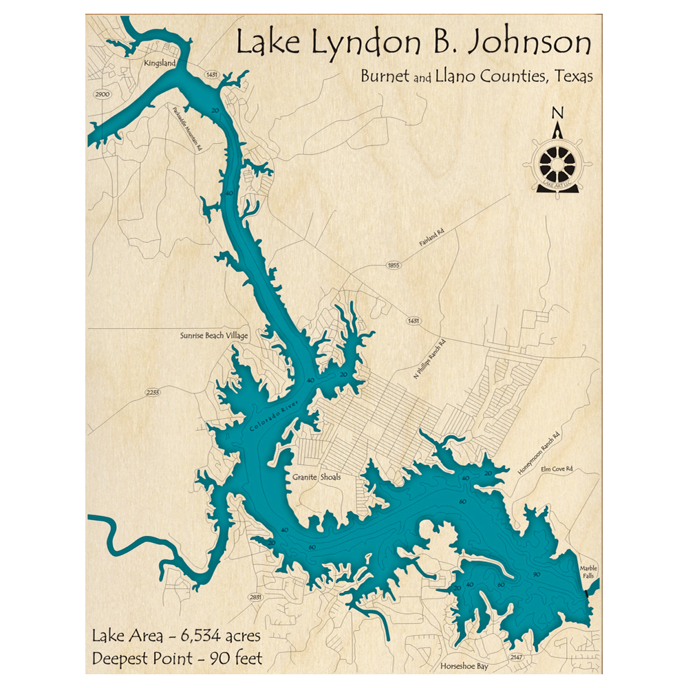 Lake Lyndon B Johnson, 3D Custom Wood Map – Lake Art LLC