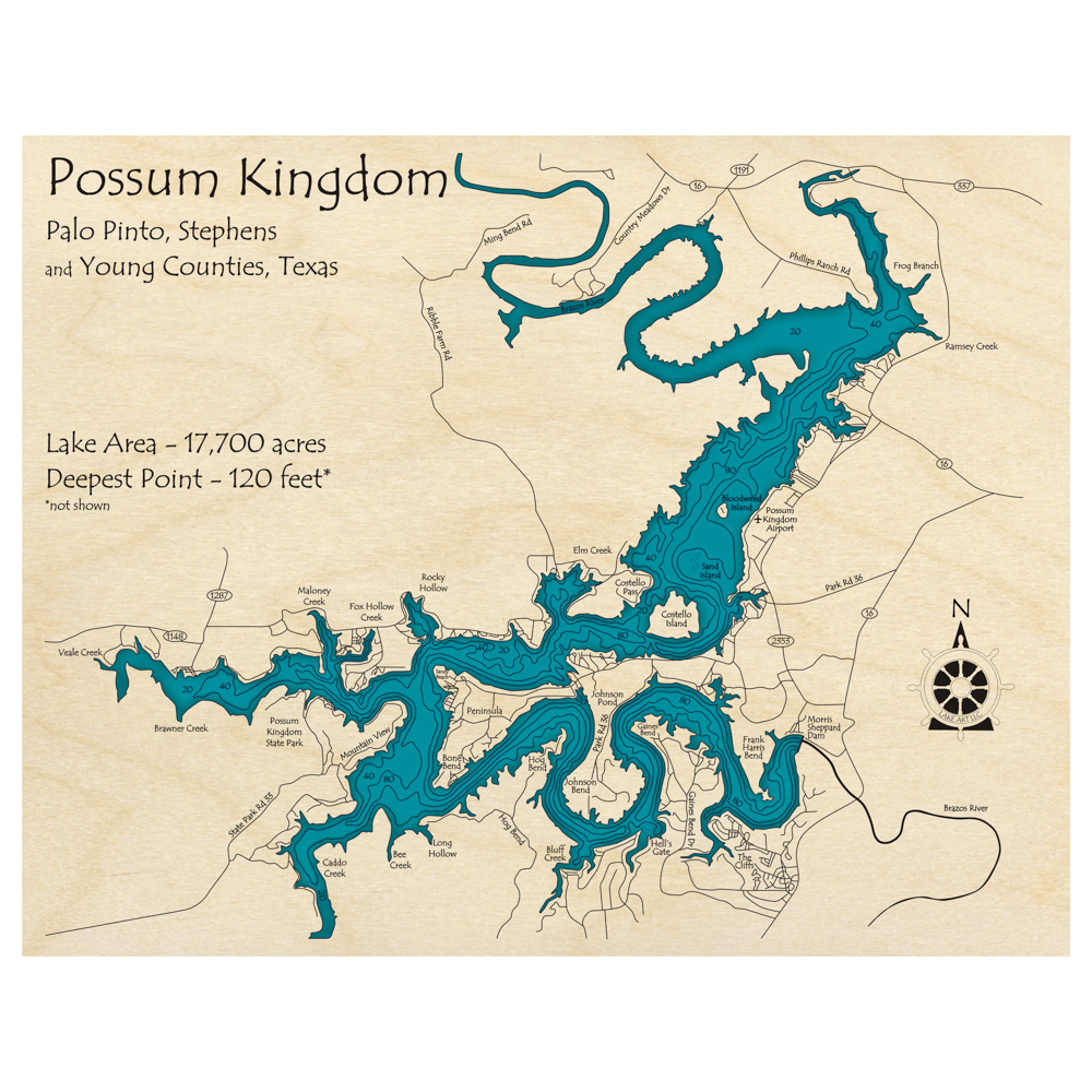 Possum Kingdom Lake, 3D Custom Wood Map – Lake Art LLC