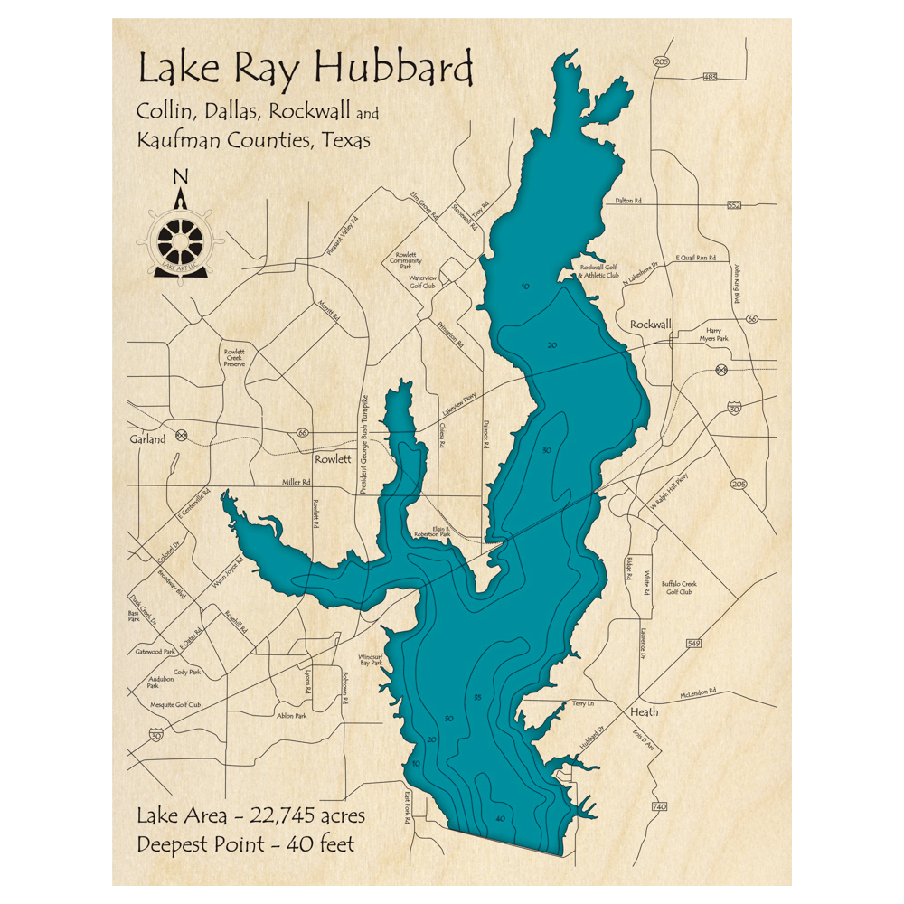 Lake Ray Hubbard, 3D Custom Wood Map – Lake Art LLC