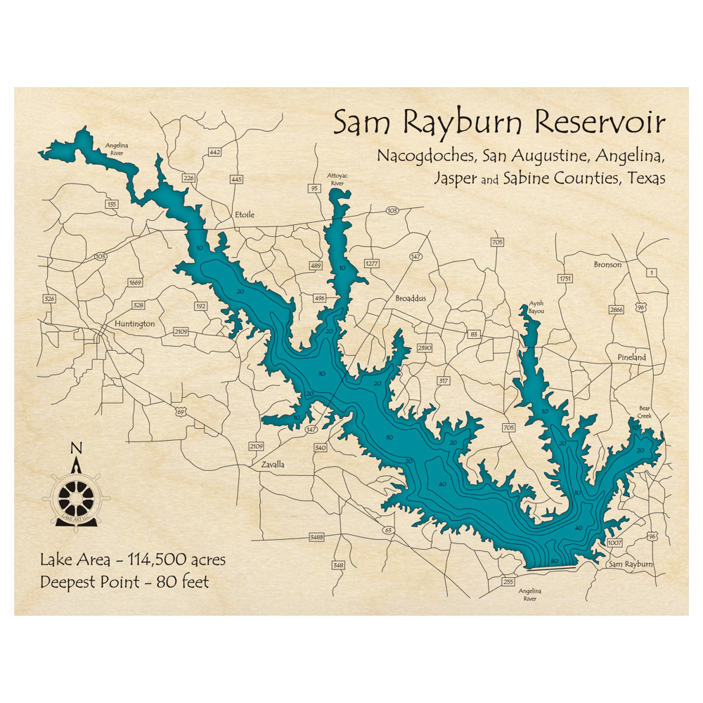 Sam Rayburn Reservoir, 3D Custom Wood Map – Lake Art LLC