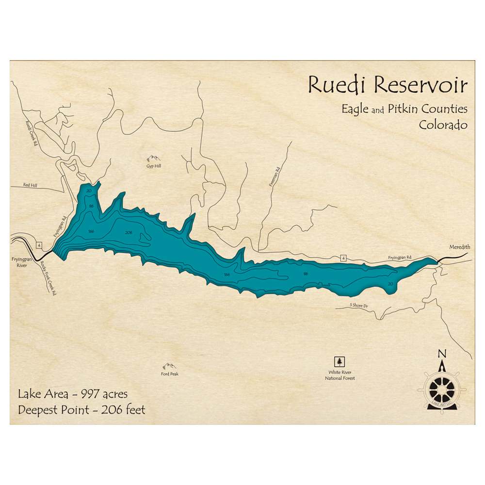 Ruedi Reservoir, Colorado 3D Custom Wood Map – Lake Art LLC