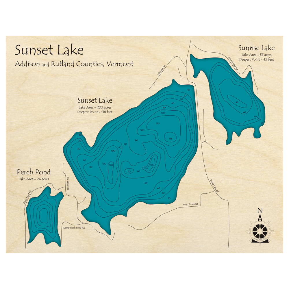 Sunrise Lake with Sunset and Perch Pond, Vermont 3D Custom Wood Map ...