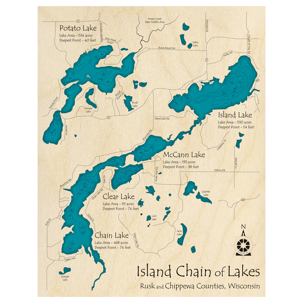 Island Chain of Lakes, 3D Custom Wood Map – Lake Art LLC