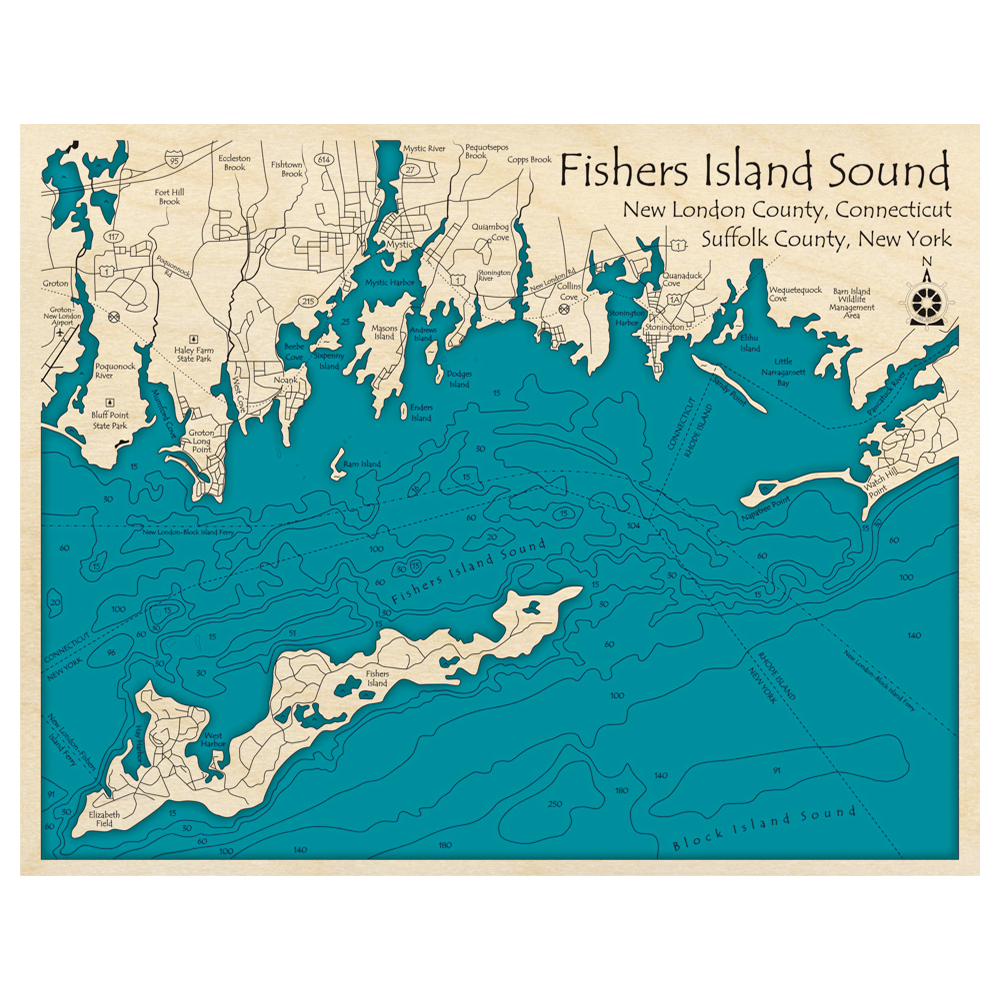 Fishers Island Sound (CT, NY) 3D Custom Wood Map – Lake Art LLC