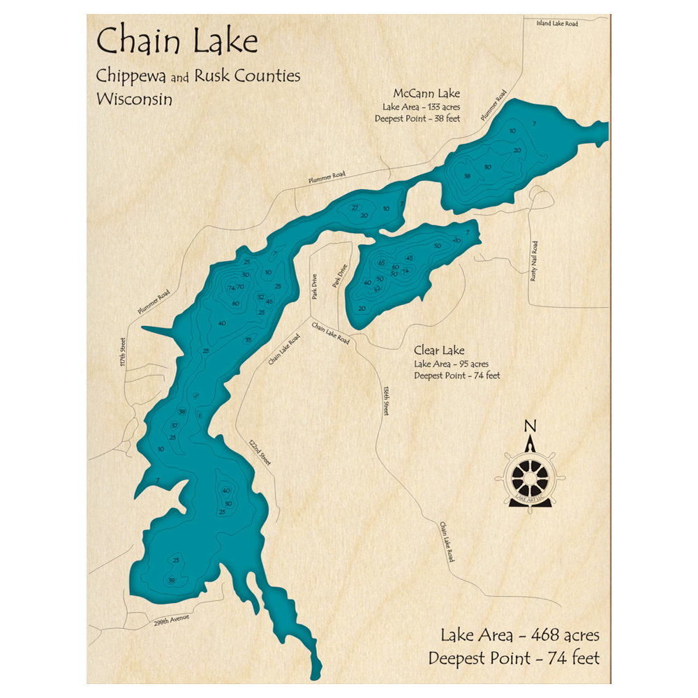 Chain Lake, 3D Custom Wood Map – Lake Art LLC