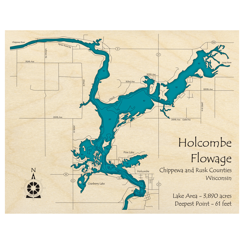 Holcombe Flowage, Wisconsin 3D Custom Wood Map – Lake Art LLC