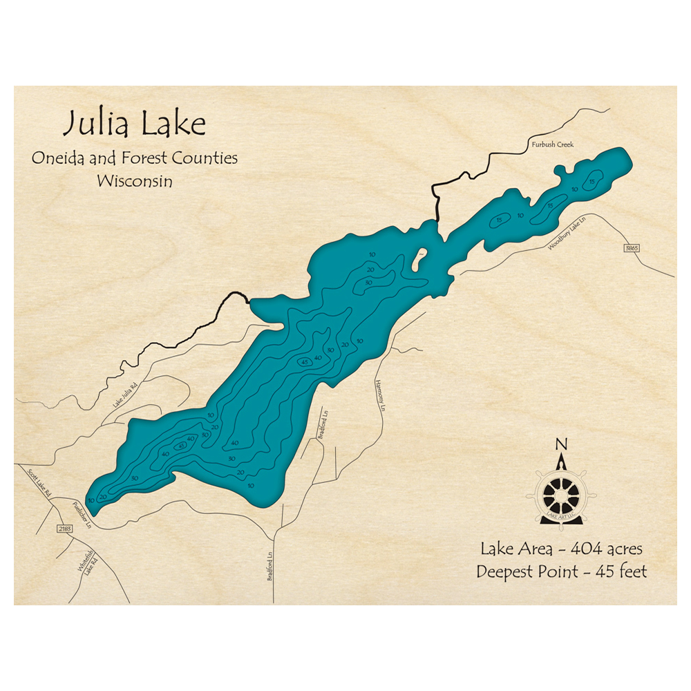 Julia Lake, 3D Custom Wood Map – Lake Art LLC