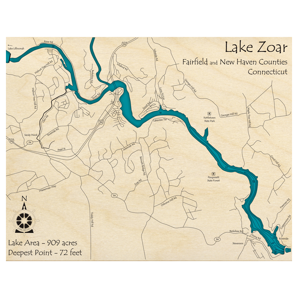 Lake Zoar, Connecticut 3D Custom Wood Map – Lake Art LLC