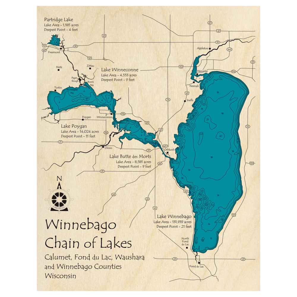 Winnebago Chain, 3D Custom Wood Map – Lake Art LLC