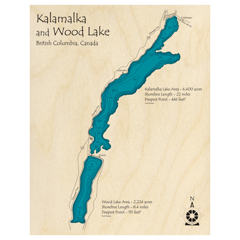 Kalamalka Lake and Wood Lake, British Columbia 3D Custom Wood Map ...