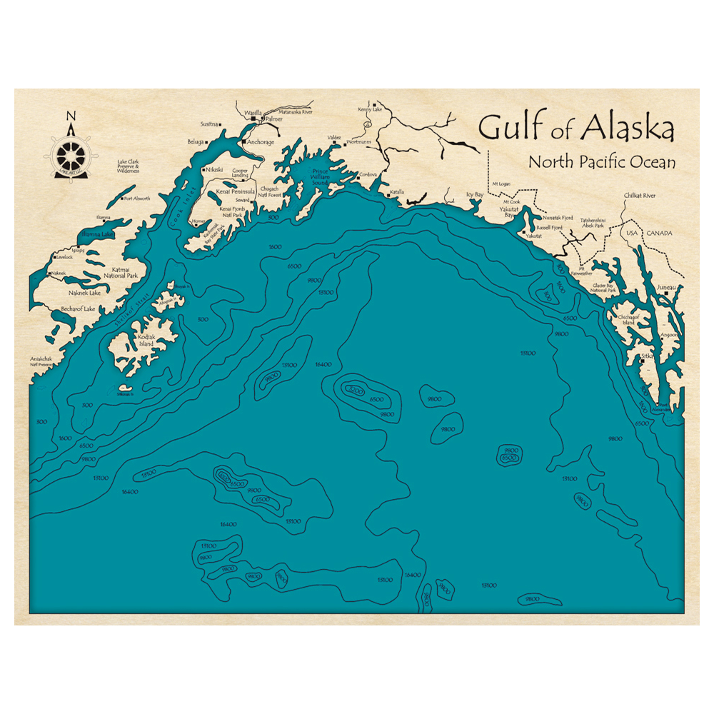 Gulf of Alaska, Alaska 3D Custom Wood Map – Lake Art LLC