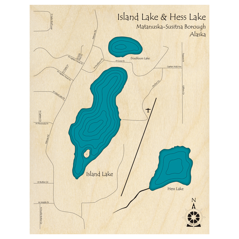 Island Lake and Hess Lake, Alaska 3D Custom Wood Map – Lake Art LLC