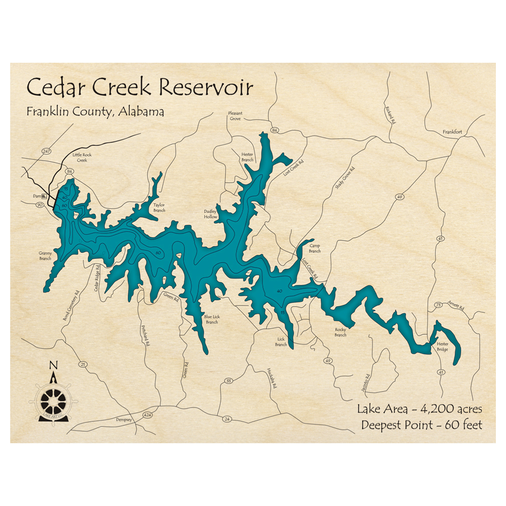 Cedar Creek Reservoir, Alabama 3D Custom Wood Map – Lake Art LLC