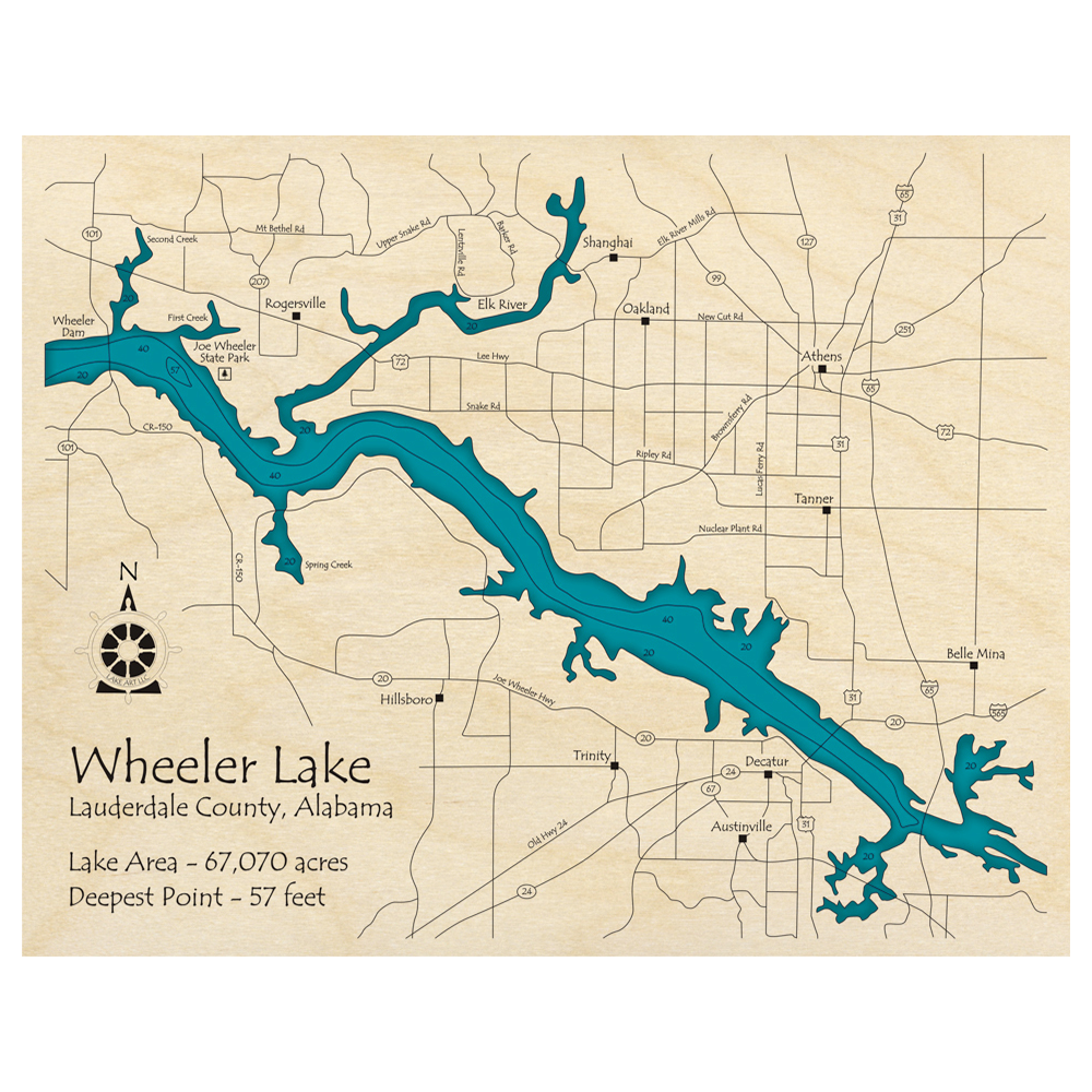 Joe Wheeler Reservoir, Alabama 3D Custom Wood Map – Lake Art LLC